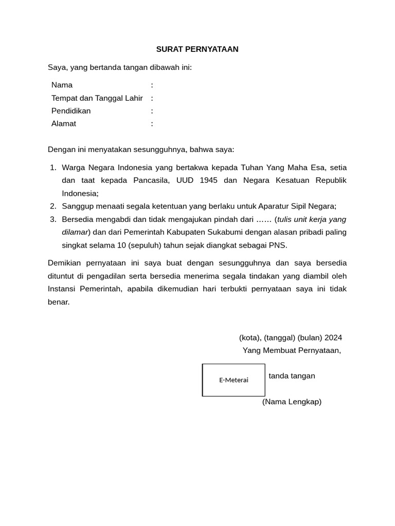 SURAT PERNYATAAN BERSEDIA MENGABDI - Panselda Kab. Sukabumi | PDF