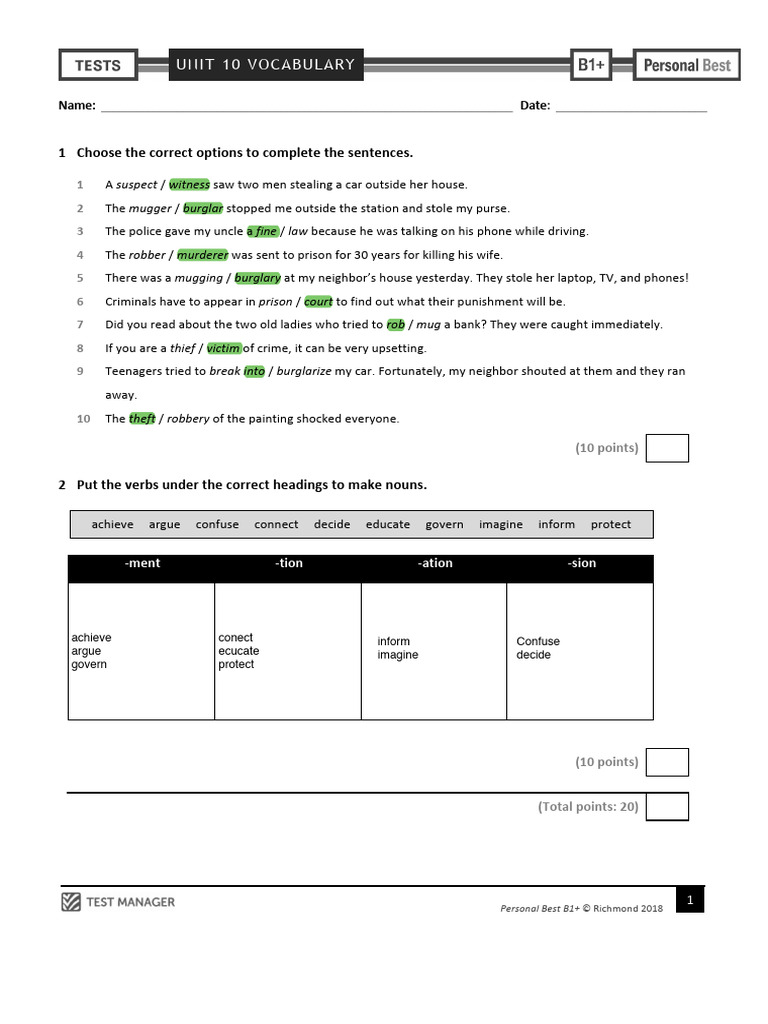 Personal Best B1+ Unit 10 Vocab Test | PDF