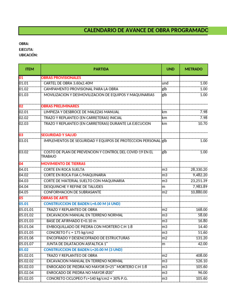 Calendario de Avance de Obra Programado | PDF