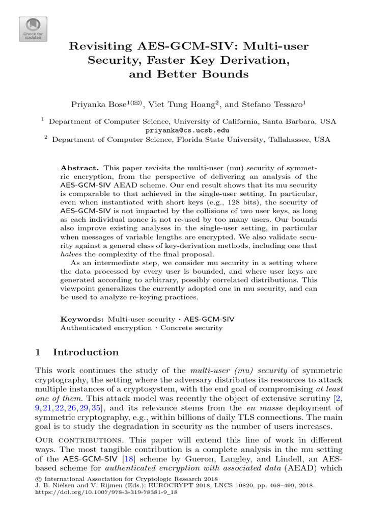 Revisiting Aes GCM Siv Multi User Security Faster Key 5cqw48kygz | PDF