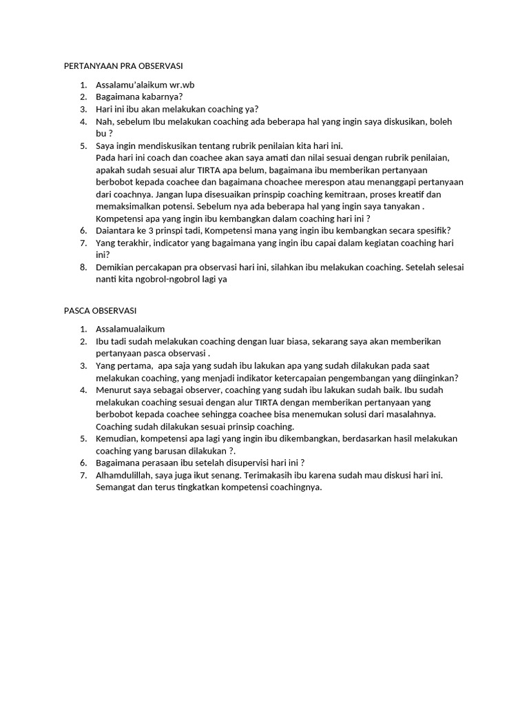 Pertanyaan Pra Dan Pasca Observasi | PDF