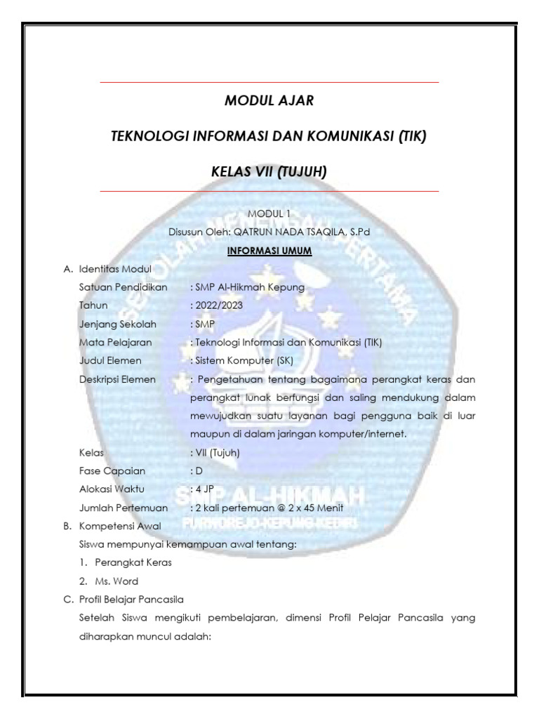 MODUL AJAR TIK - SMP Al-Hikmah Kepung | PDF
