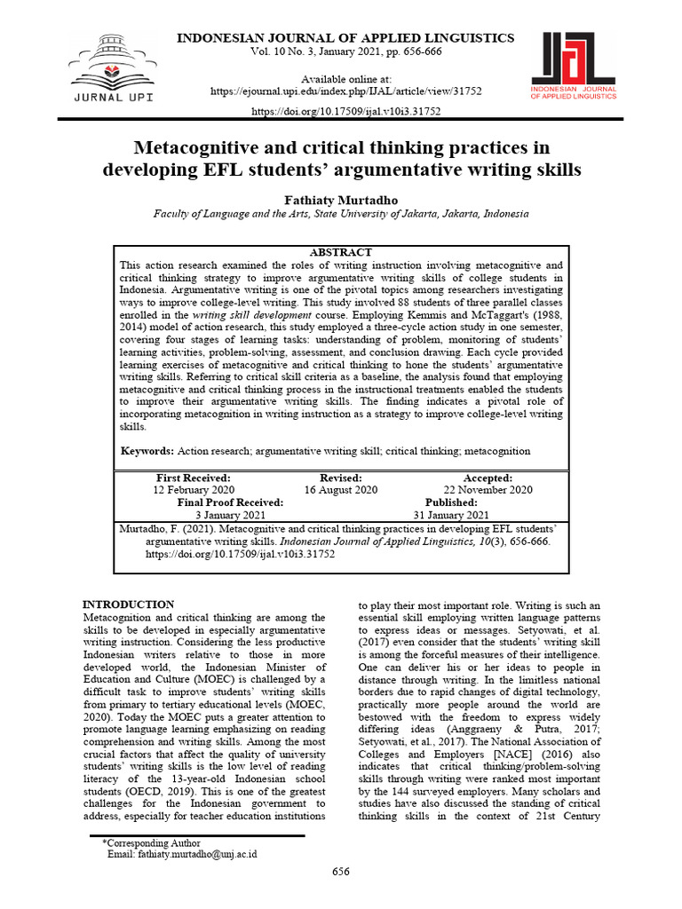 (2021, Murtadho) Metacognitive and Critical Thinking Practices in Developing EFL Students ...