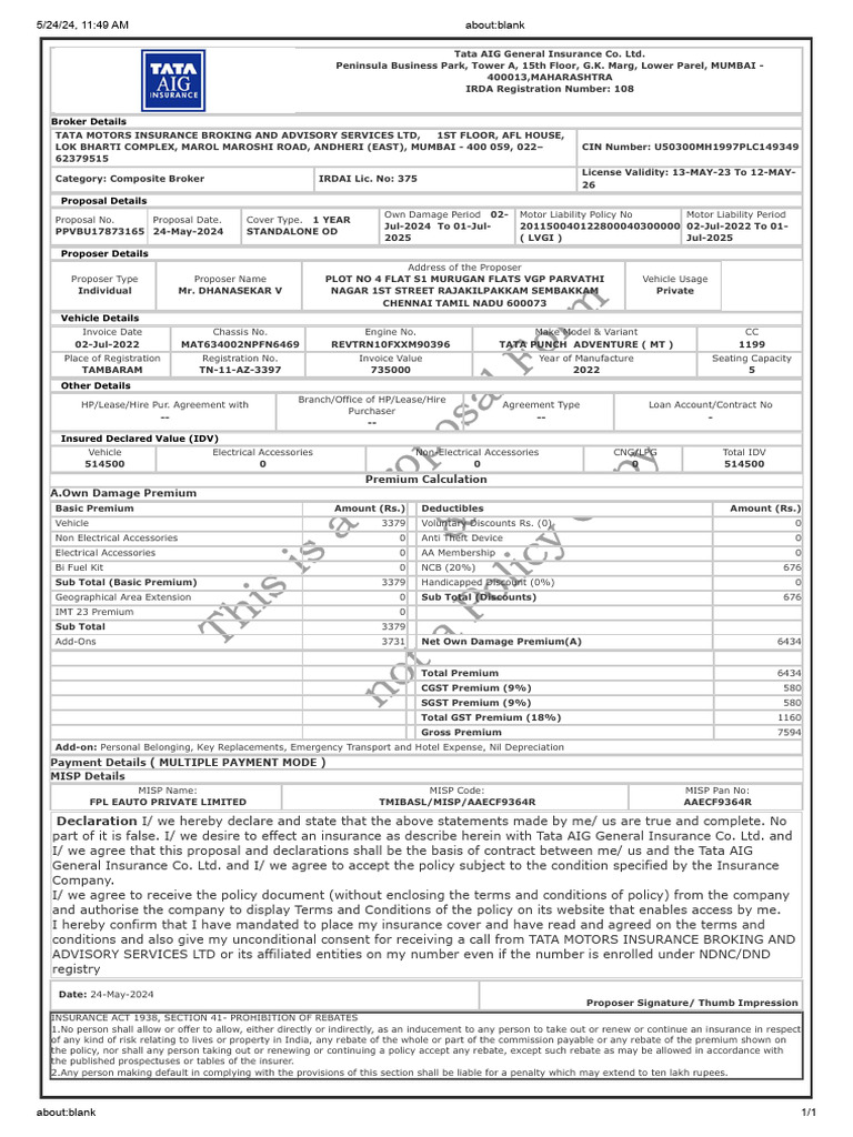 TN 11 AZ 3397 Tata Aig | PDF