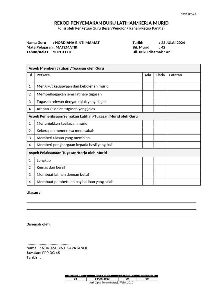 PK06-2 Rekod Penyemakan Buku Latihan (Pentadbir - Penilai) | PDF