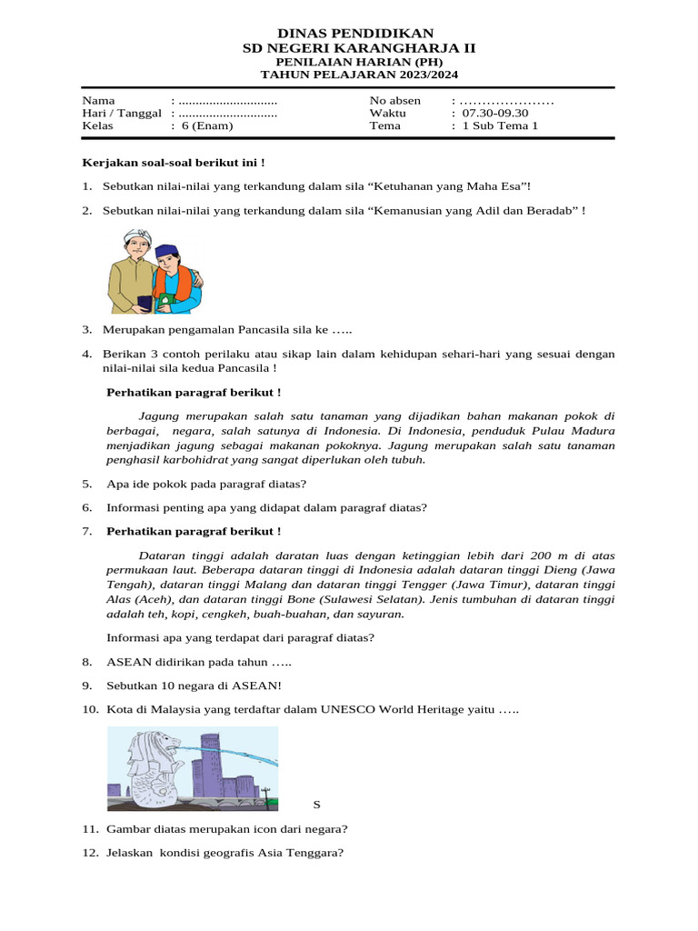 Soal Kelas 6 Tema 1 Sub Tema 1 | PDF