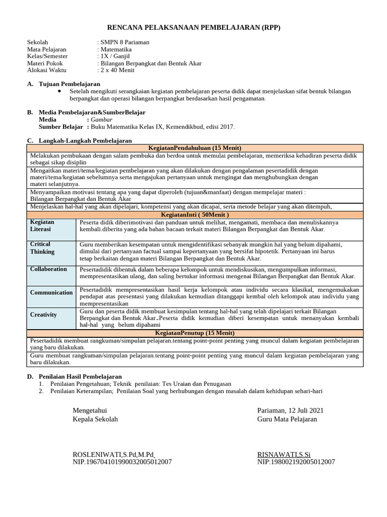 RPP 1 Lembar Akar Dan Bentuk Akar | PDF | Karier & Perkembangan