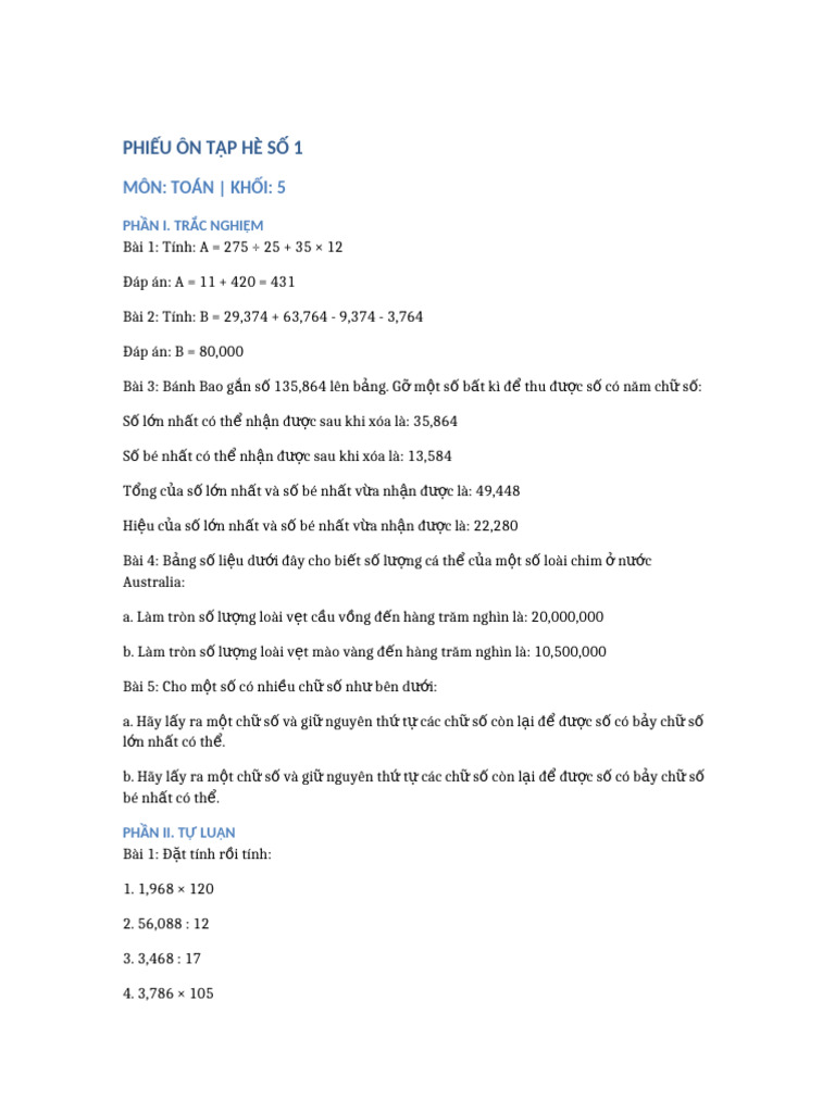 Phieu On Tap He So 1 Giai | PDF