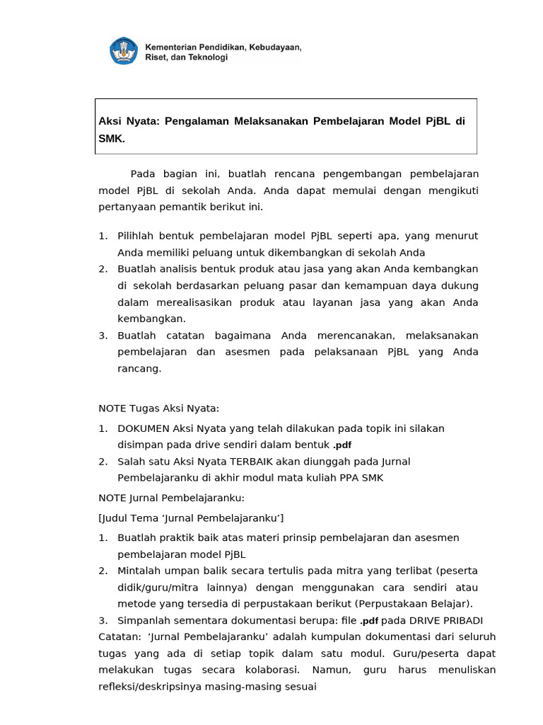 PPA - SMK - TOPIK1g - Pengalaman Melaksanakan Pembelajaran Model PJBL Di SMK | PDF