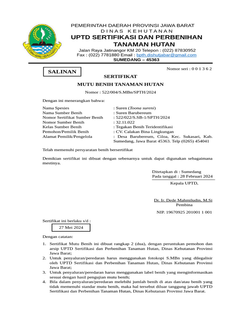 Sertifikat Mutu Benih Suren | PDF