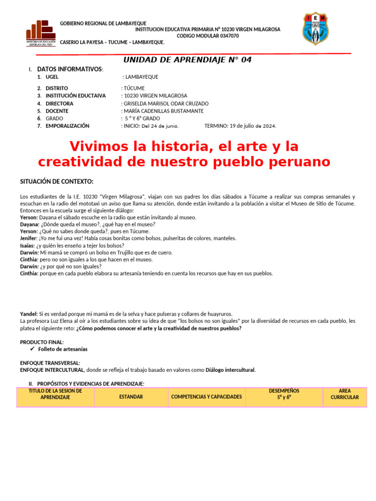 Unidad 4 Vivimos El Arte y Creatividad de Nuestro Pueblo Peruano | PDF