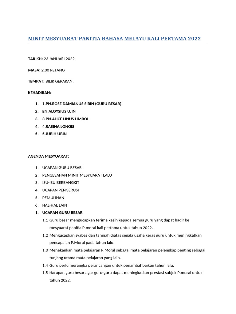 Minit Mesyuarat Panitia Bahasa Melayu Kali Pertama | PDF