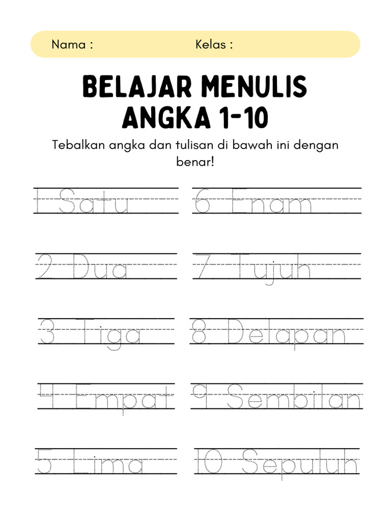 Belajar Menulis Menebalkan Angka 1-10 Lembar Kerja Kuning Sederhana | PDF
