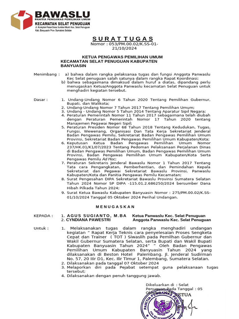 SURAT TUGAS PANWASCAM SELPEN Tgl 7 Okt 2024 | PDF