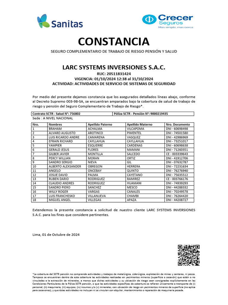 Constancia SCTR Octubre - Larc | PDF