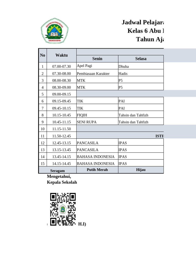 Jadwal Pelajaran Kelas 6 TP 2024-2025 PM | PDF