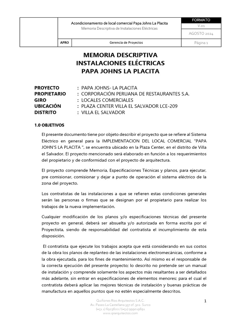 Memoria Descriptiva de Instalaciones Eléctricas | PDF