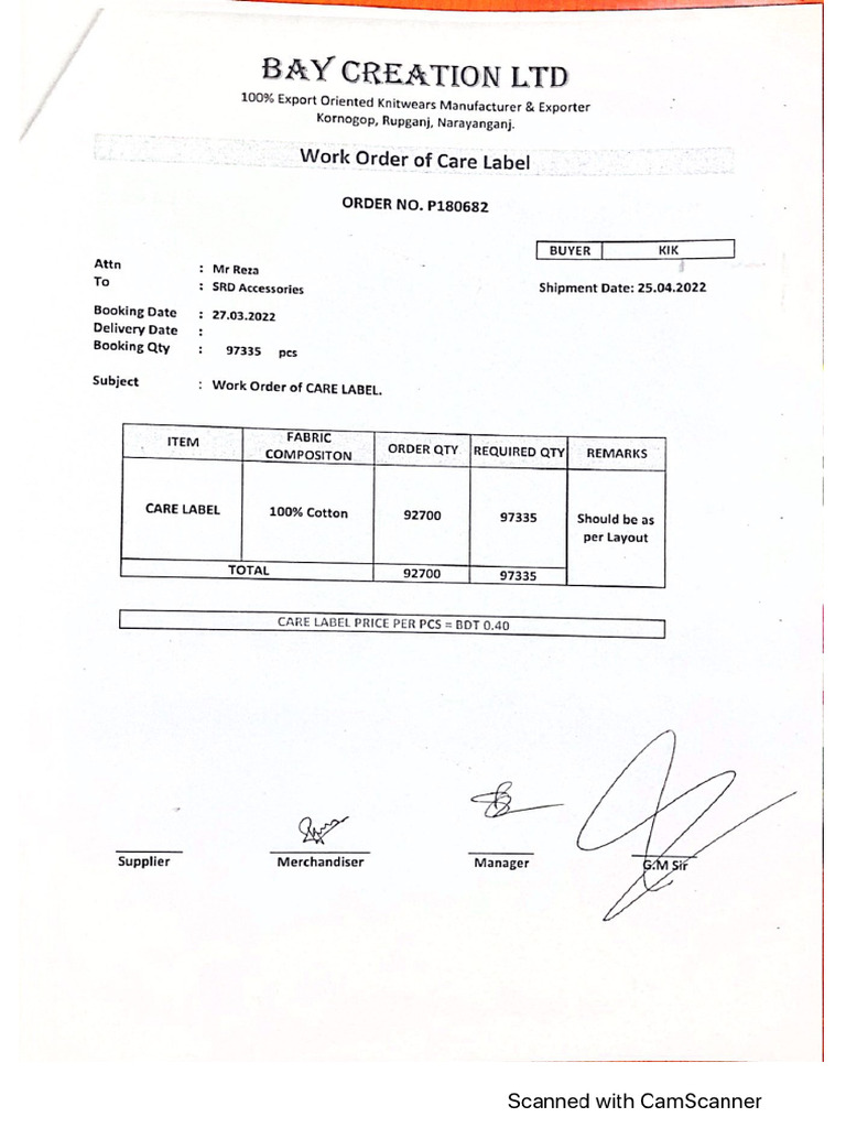 Work Order of Care Label P180682, P18609 | PDF