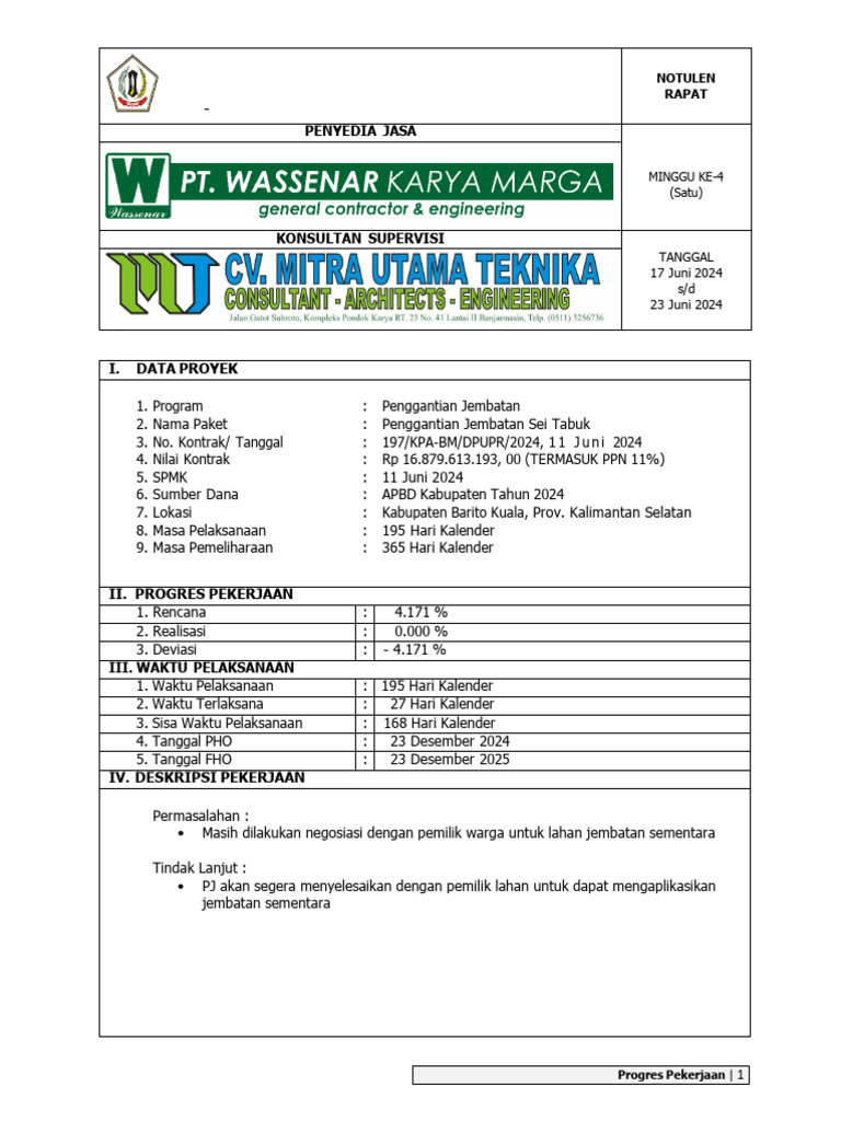 Laporan Progress Bulan Ke-1 - Jembatan Sei Tabuk | PDF