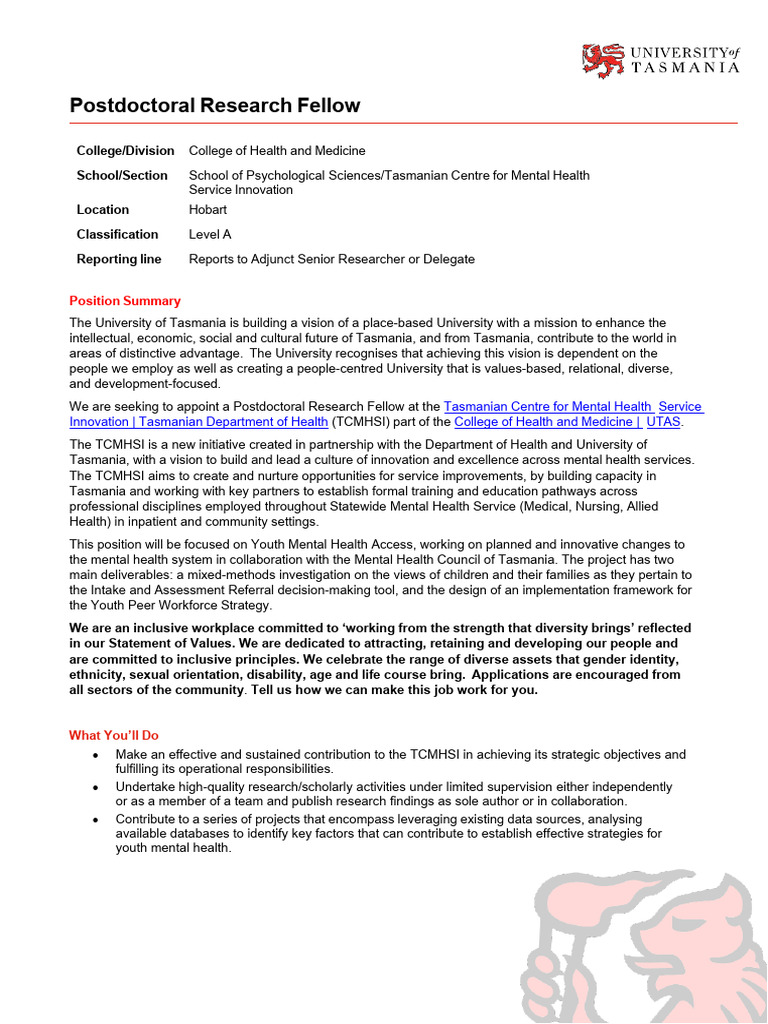 Position Description - 500319 - Postdoctoral Research Fellow | PDF