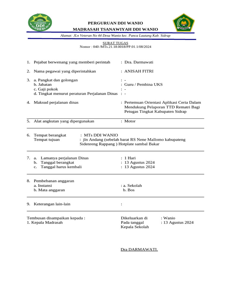 Format SPPD Sekolah untuk Guru anisah | PDF