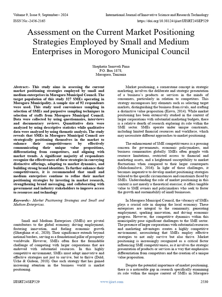 Assessment On The Current Market Positioning Strategies Employed by Small and Medium Enterprises ...