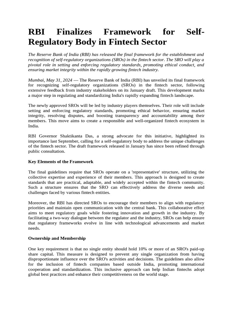 RBI Releases Finalised Framework For Indian Fintech Sector | PDF