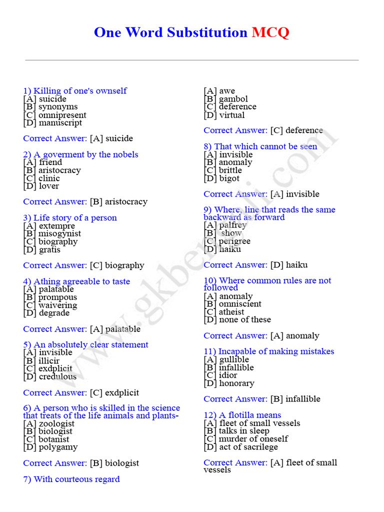 One Word Substitution MCQ | PDF