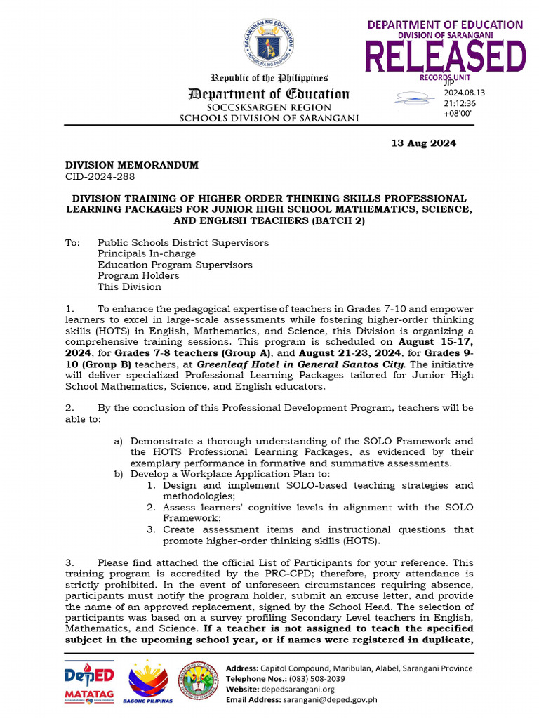 Dm Cid 2024 288 Division Training of Higher Order Thinking Skills Professional Learning Packages ...