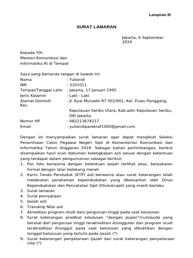 Lampiran Iii - Surat Lamaran CPNS Kominfo Ta 2024 | PDF
