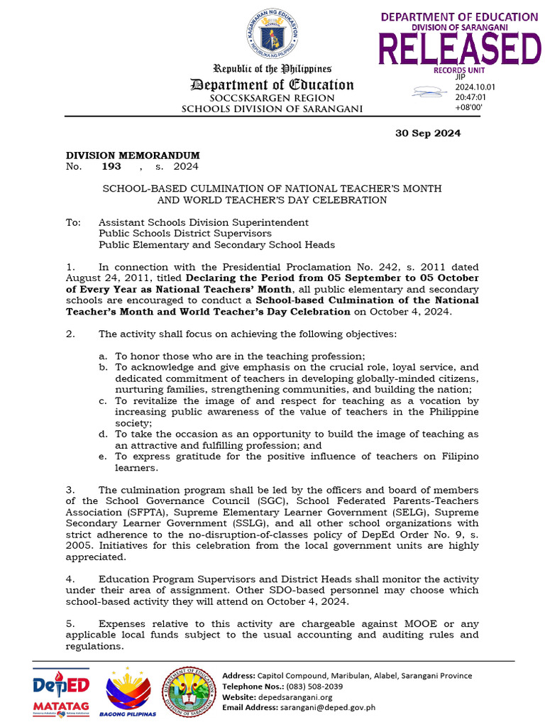 DM 193 2024 School Based Culmination of National Teachers Month and ...