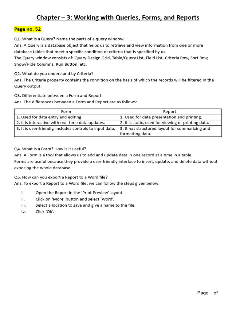Chapter - 3: Working With Queries, Forms, and Reports: Page No. 52 | PDF | Computers