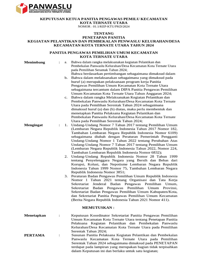 SK Tentang PANITIA Pelantikan Dan Pembekalan PKD | PDF