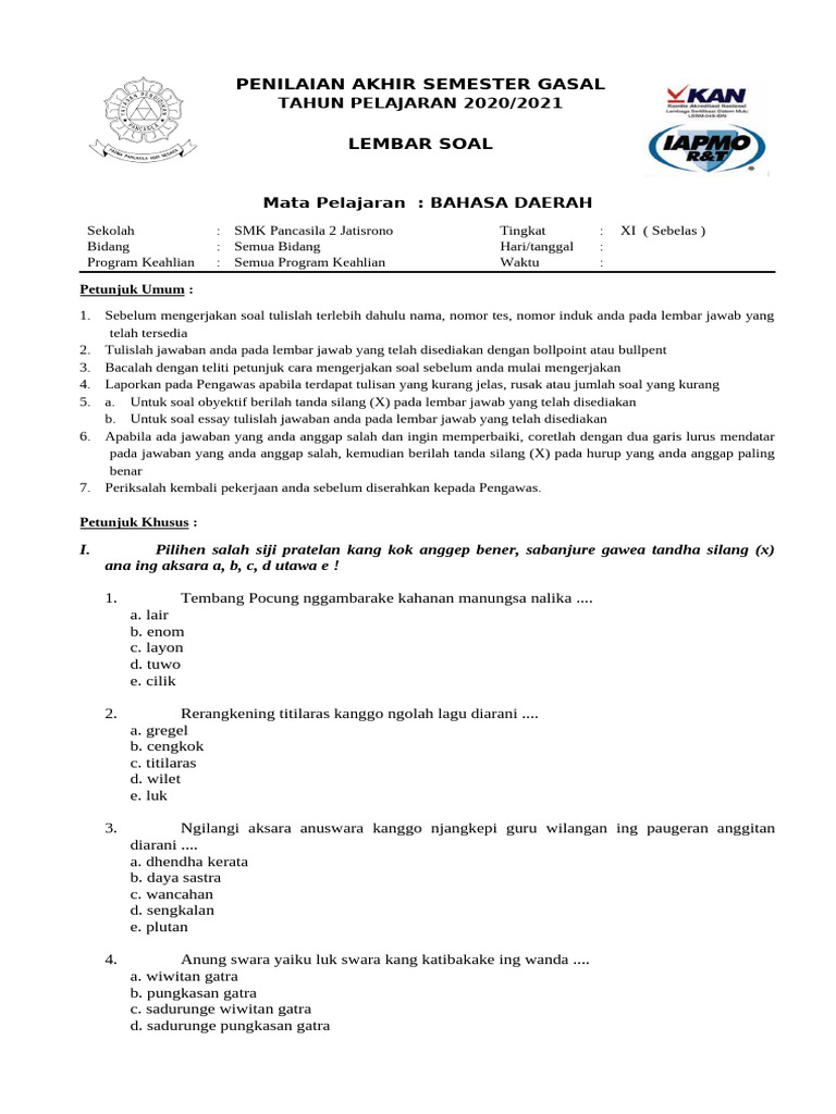 Bhs. - Daerah XI PAS Sal 2020 PS2 Pak - NOOR | PDF