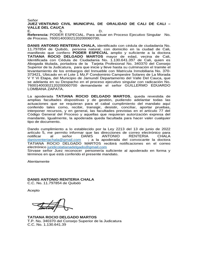PODER ESPECIAL. para Actuar en Proceso Ejecutivo Singular No. de Proceso ...