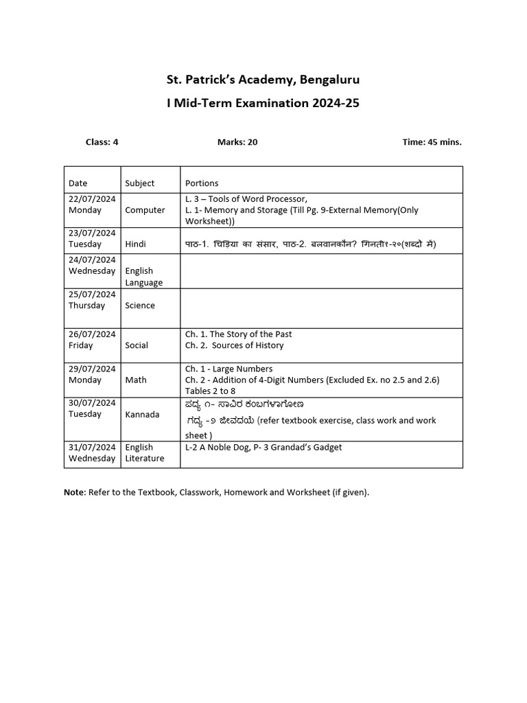 St. Patrick's Academy, Bengaluru I Mid-Term Examination 2024-25 | PDF