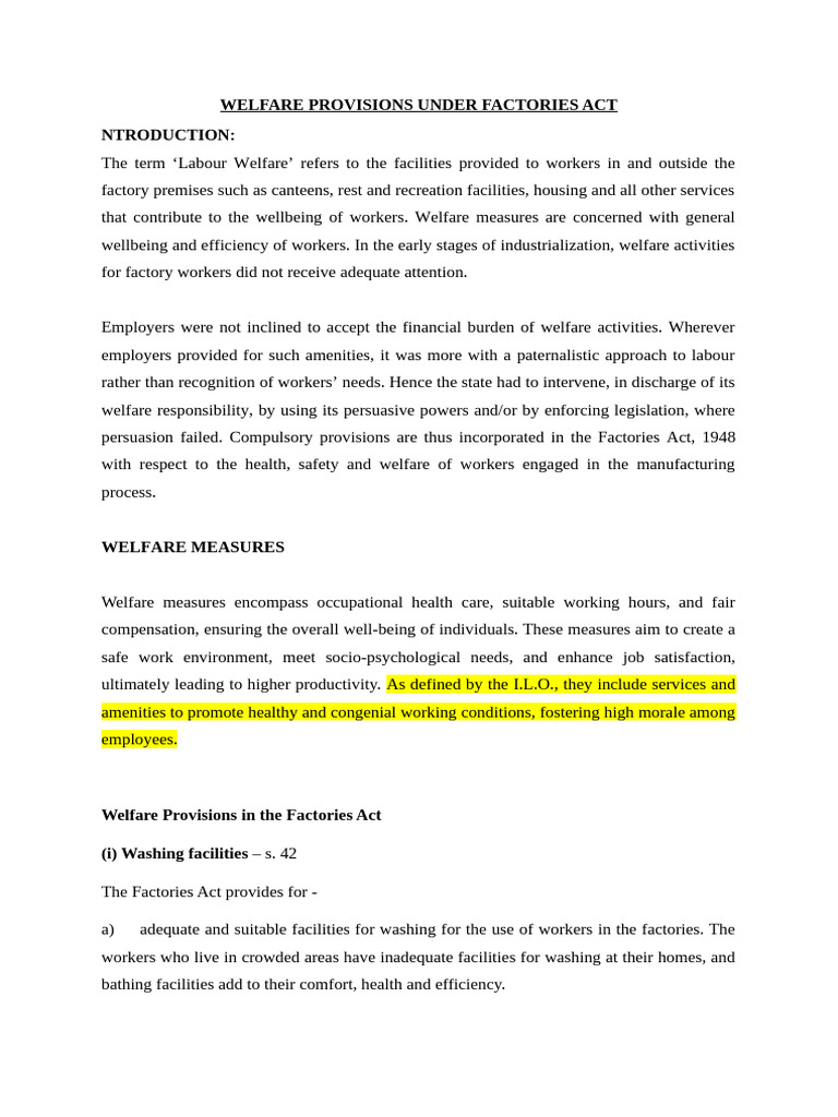 Welfare Provisions Under Factories Act | PDF