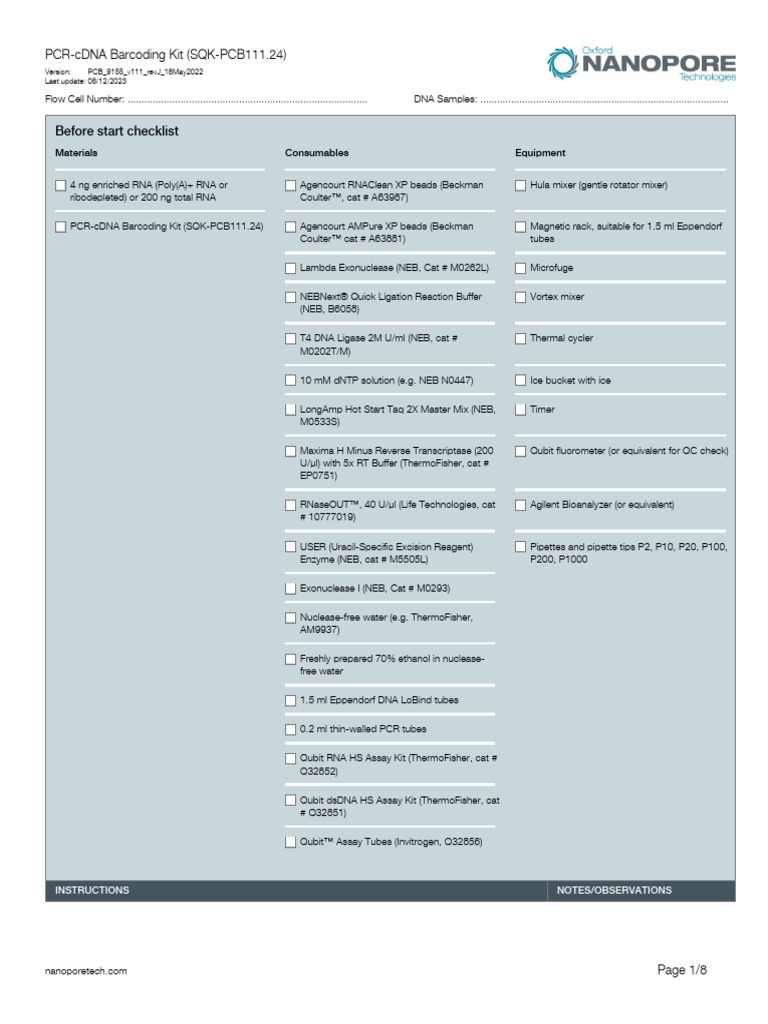 PCR-cDNA Barcoding Kit (SQK-PCB111.24) - Promethion | PDF | Polymerase ...