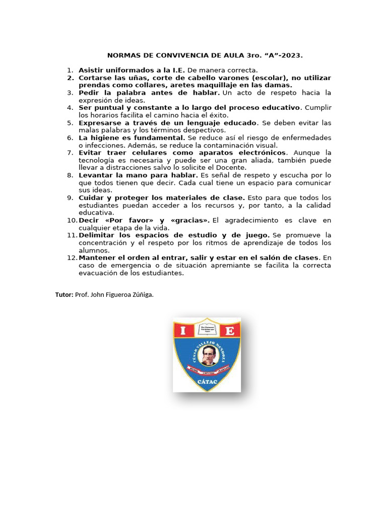 NORMAS DE CONVIVENCIA DE AULA 3ro A 2023 | PDF