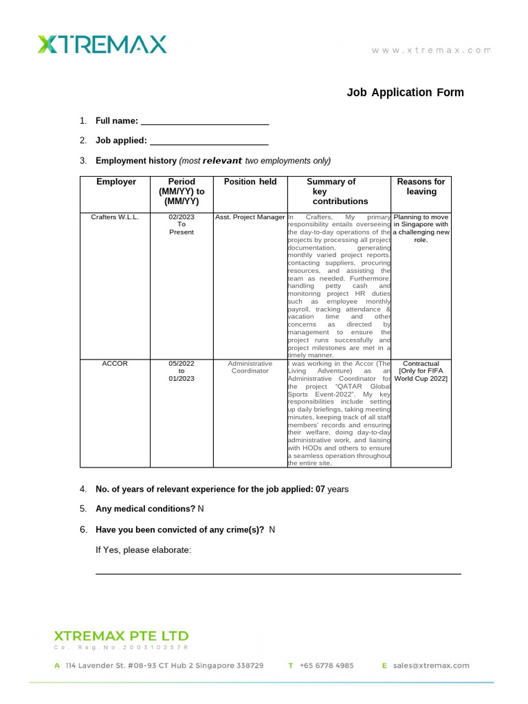XTR Job Application Form - Updated | PDF