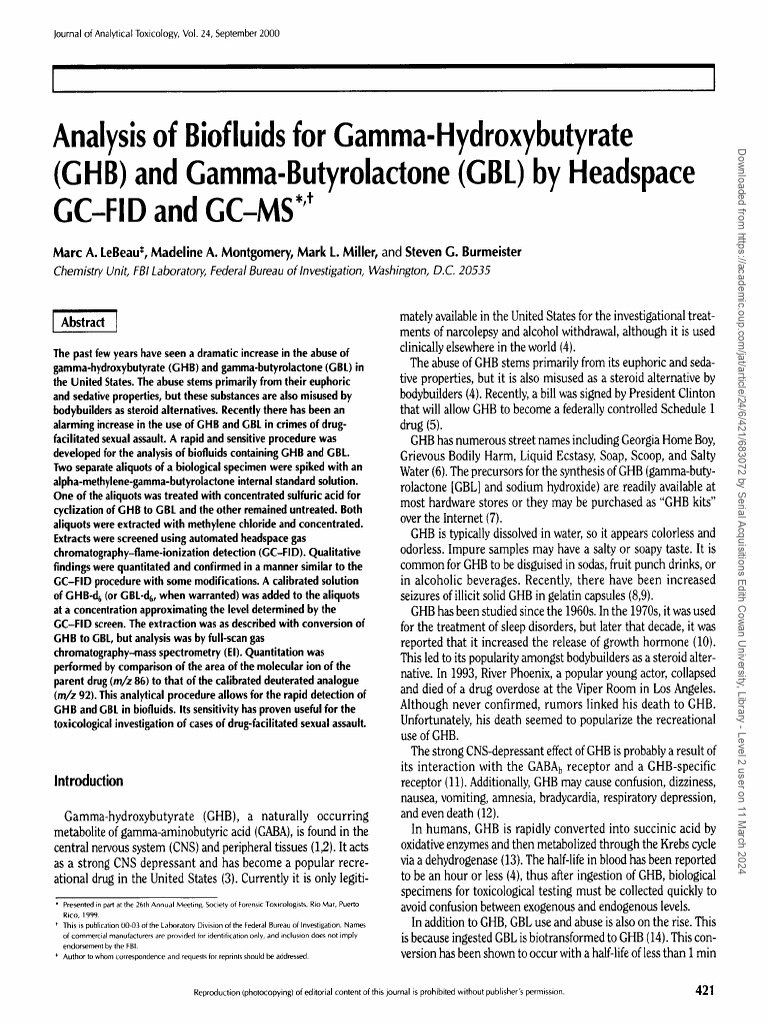 Analysis of Biofluids For Gamma-Hydroxybutyrate (GHB) and Gamma-Butyrolactone (GBL) by Headspace ...