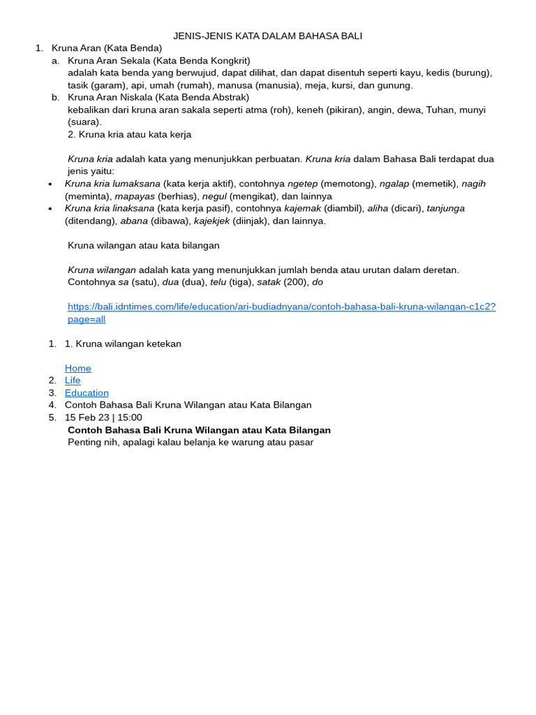 JENIS-JENIS KATA DALAM BAHASA BALI | PDF