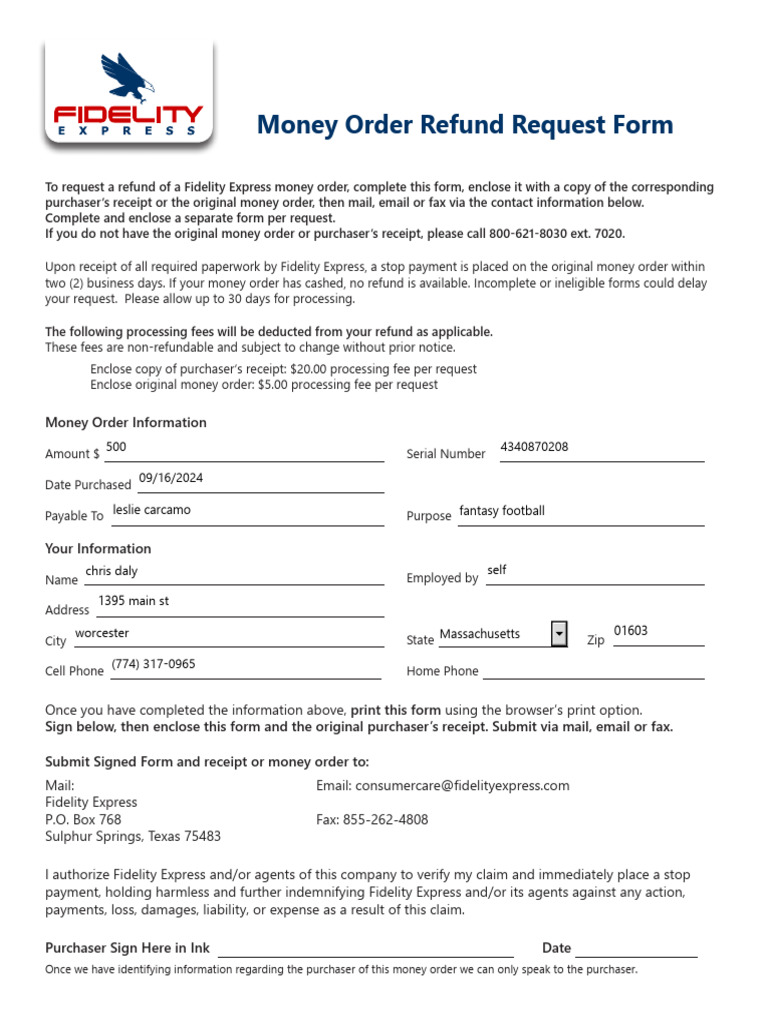 Fillable - Money Order Refund Request Form NEW | PDF
