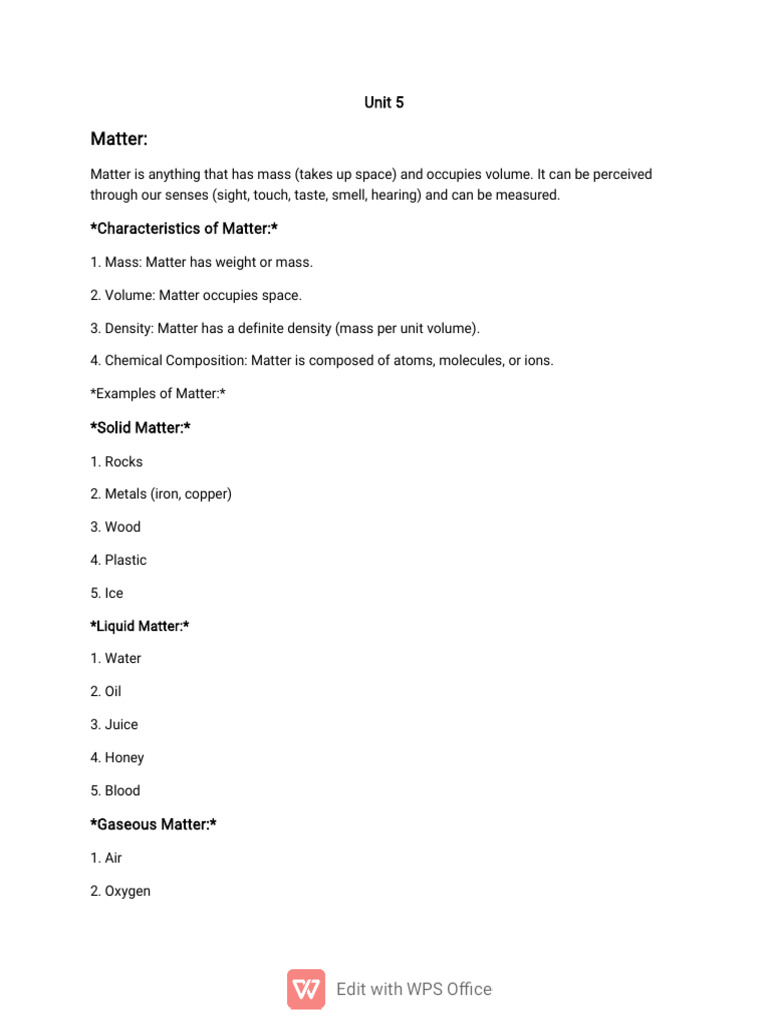 Unit 5 Chemistry Grade - 6 | PDF