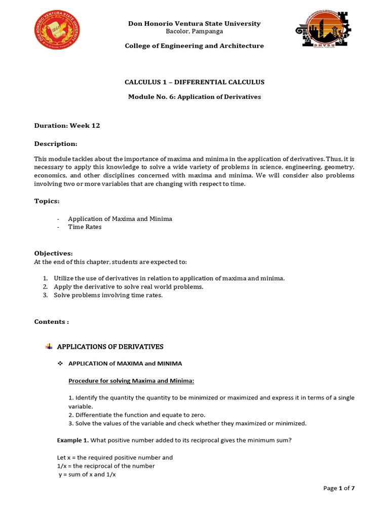 Calculus 1 Module No. 06 Application of Derivatives | PDF