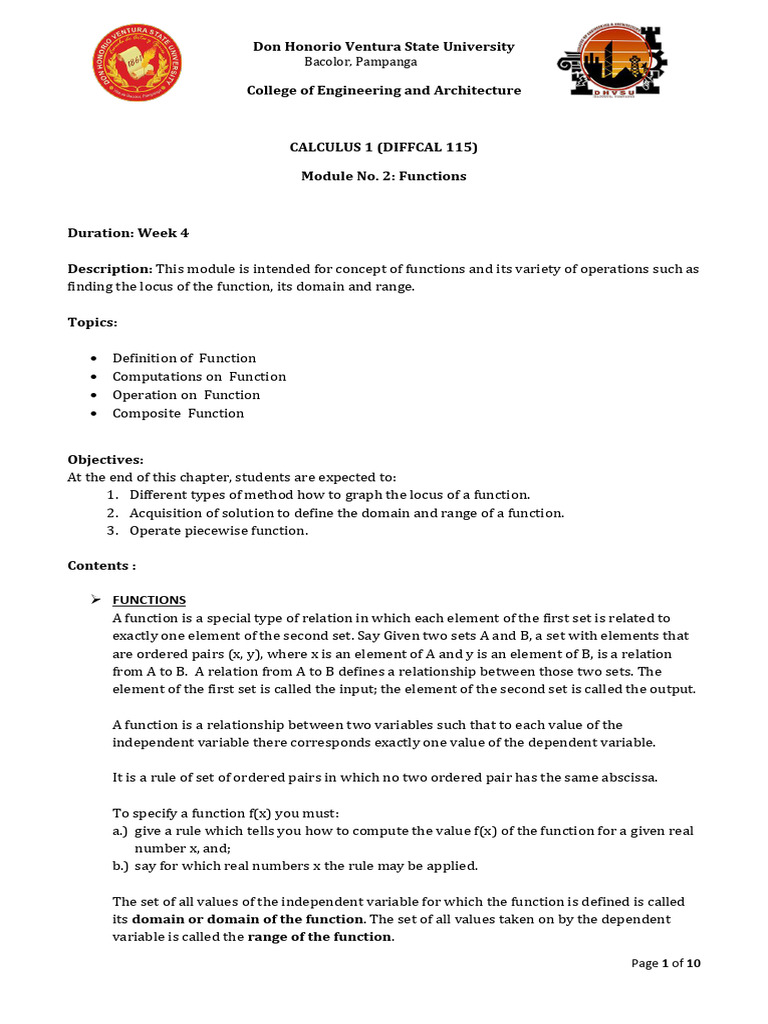 Calculus 1 Module No. 02 Functions | PDF
