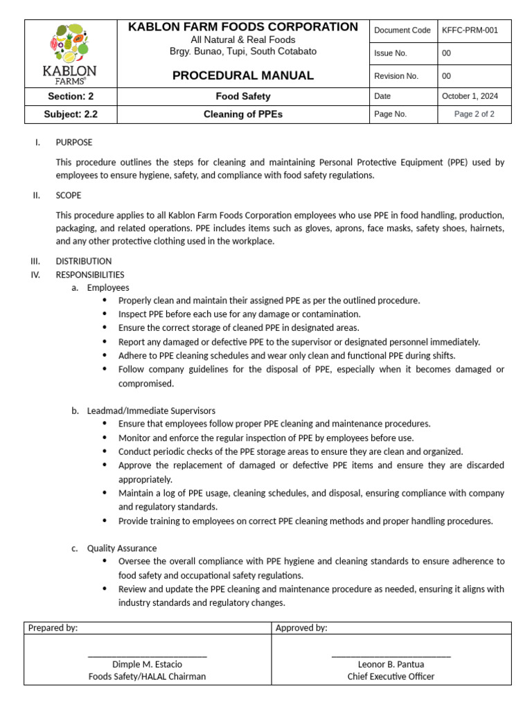 PPE Cleaning Procedures for Food Safety | PDF | Personal Protective ...