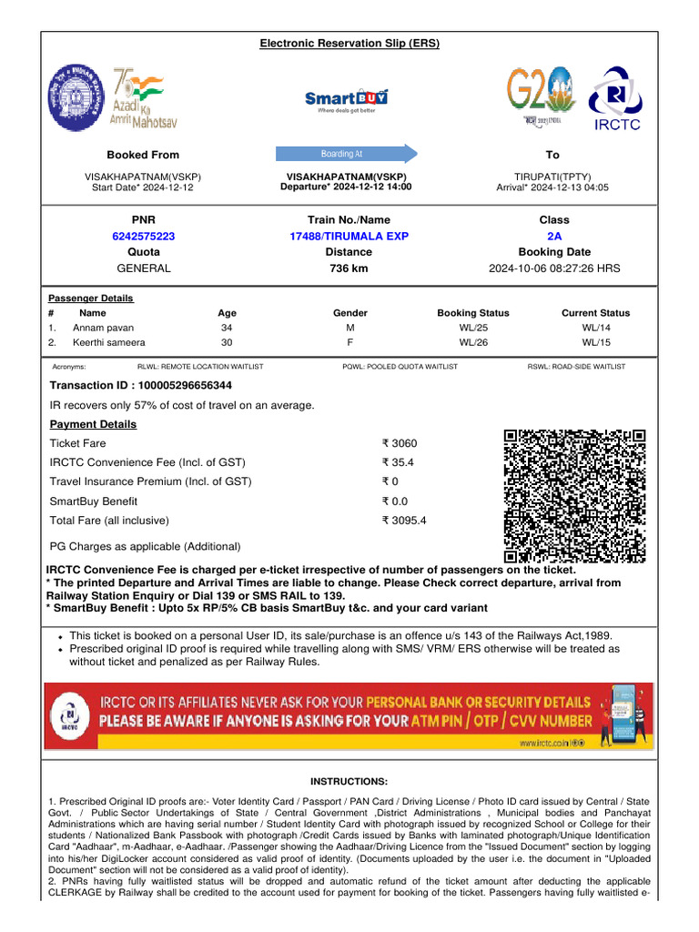 17488/TIRUMALA EXP 2A: Visakhapatnam (VSKP) Departure 2024-12-12 14:00 ...