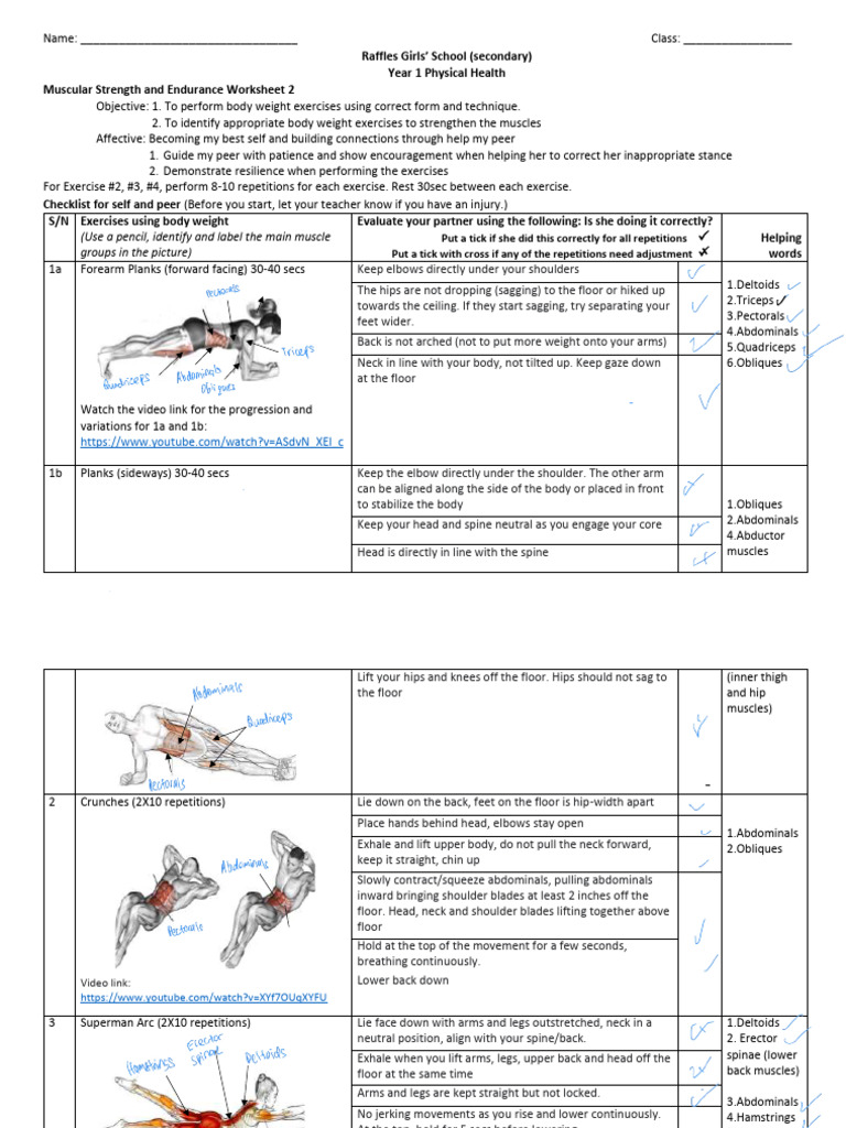 TEOH GRACE - Y1 - Physical Health - Body Weight Exercises - Worksheet 2 - Peer Checklist | PDF