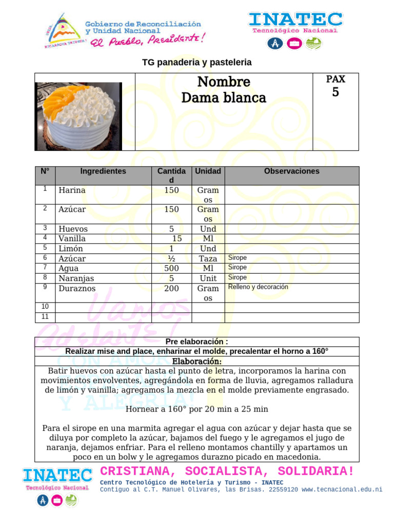 Ficha Técnica de Dama Blanca | PDF | Cocina occidental | Productos horneados
